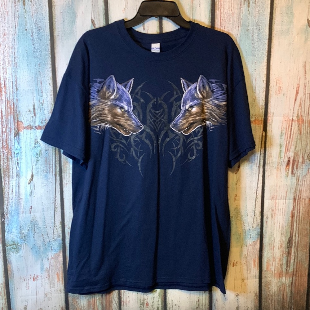 Gildan Navy Blue Wolf Print With Tribal Pattern T-Shi… - Gem